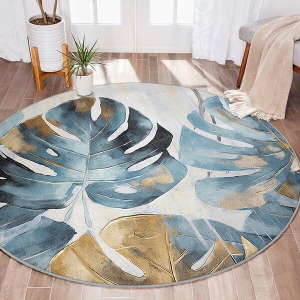 Modra pralna okrogla preproga ø 80 cm Golden Leaves – Mila Home | FAVI.si